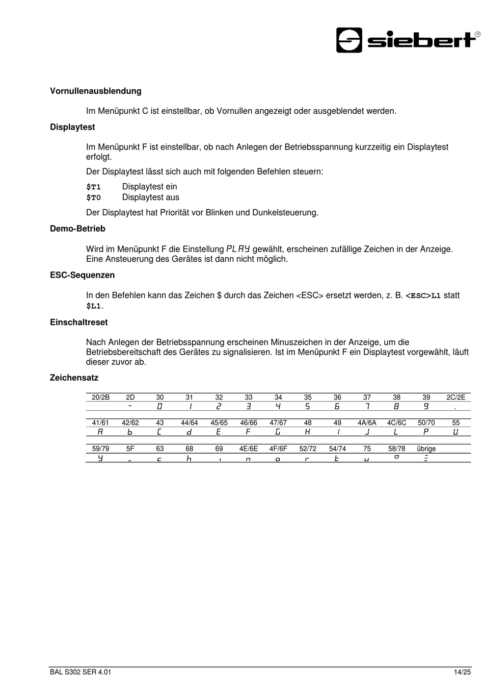 Vornullenausblendung; Displaytest; Demo-Betrieb; Esc-Sequenzen ...