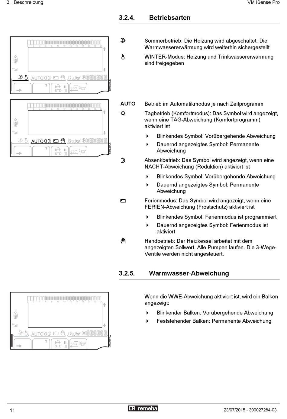 Betriebsarten; Warmwasser-Abweichung - CR Remeha VM iSense Pro ...