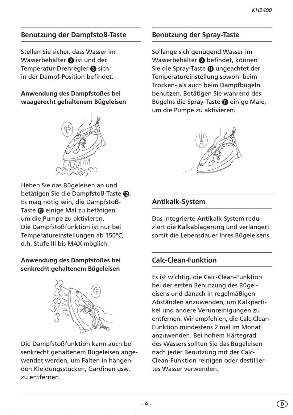 Benutzung Der Dampfstoß-Taste; Benutzung Der Spray-Taste; Antikalk ...
