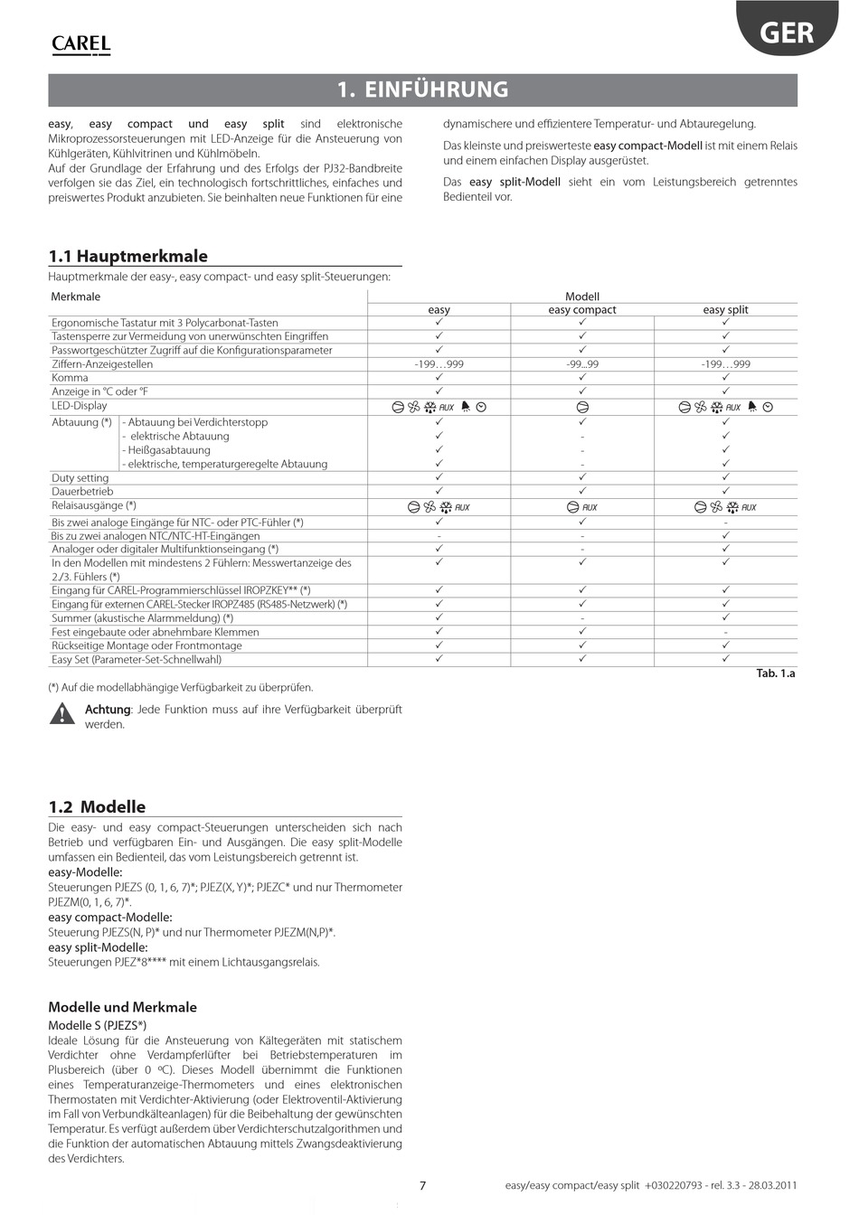 Einführung; Hauptmerkmale; Modelle - Carel easy Benutzerhandbuch [Seite ...