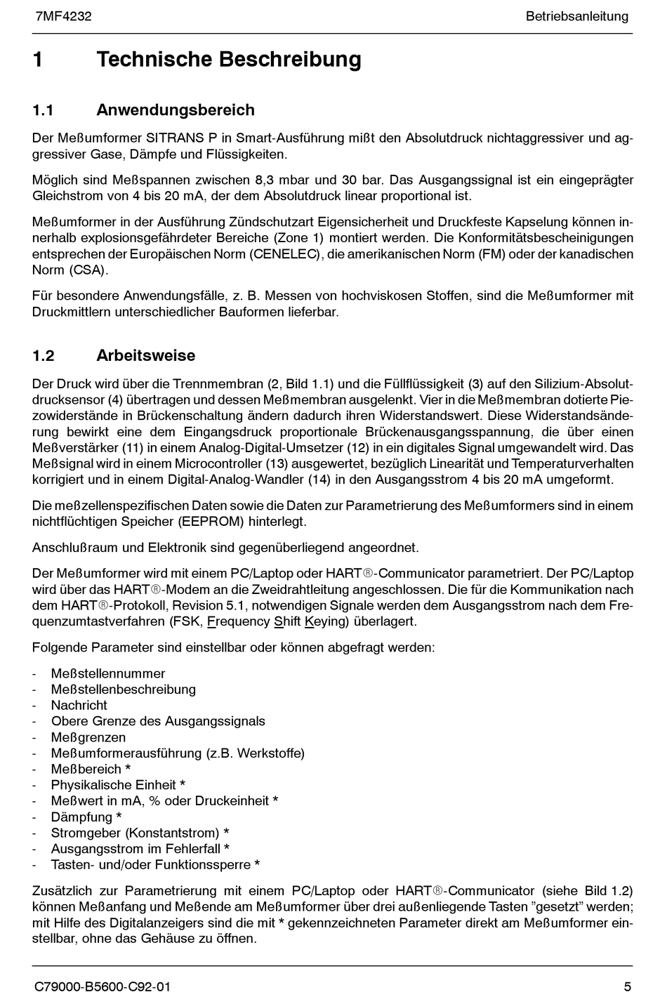 Technische Beschreibung; Anwendungsbereich; Arbeitsweise - Siemens SITRANS P 7MF4232 ...