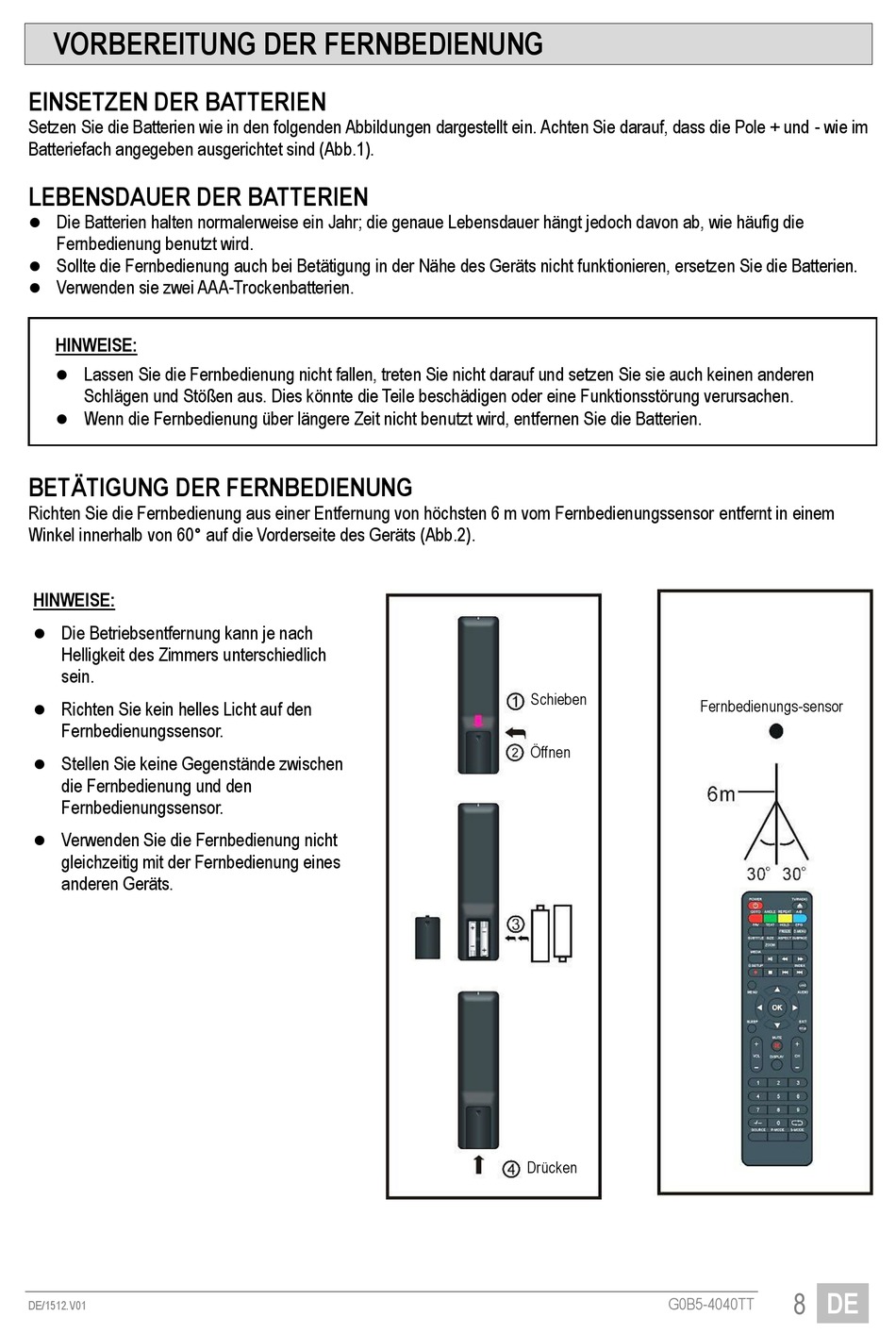 Vorbereitung Der Fernbedienung; Einsetzen Der Batterien; Lebensdauer ...