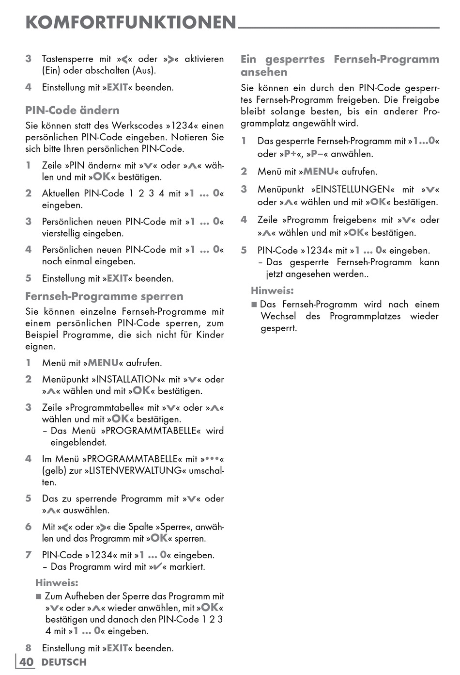 Pin-Code Ändern; Fernsehprogramme Sperren; Ein Gesperrtes ...