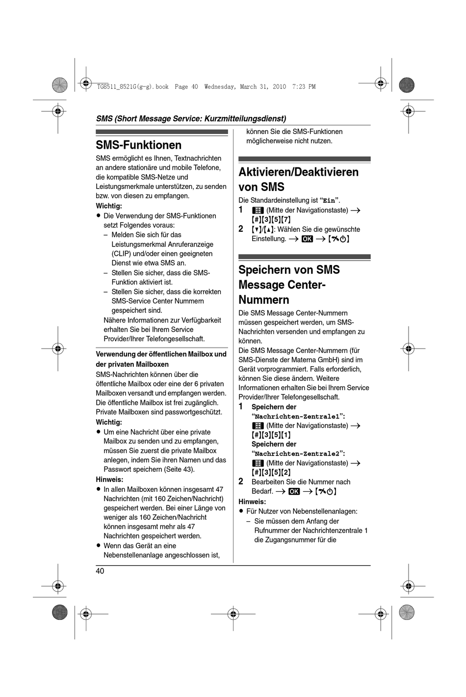 Sms (Short Message Service: Kurzmitteilungsdienst); Sms-Funktionen ...