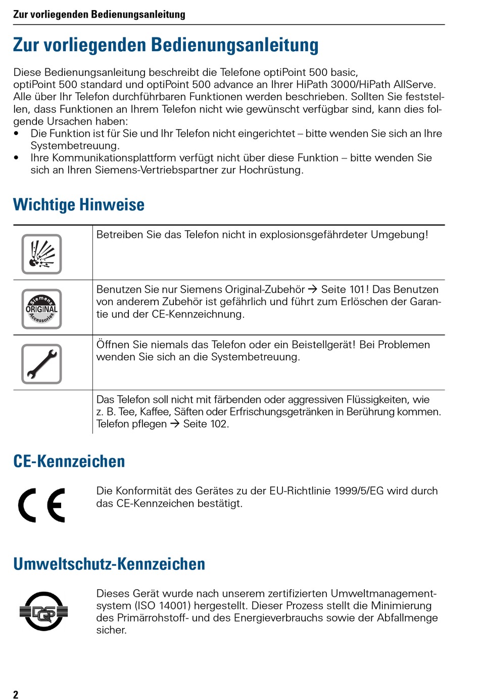 Wichtige Hinweise; Ce-Kennzeichen; Umweltschutz-Kennzeichen - Siemens ...