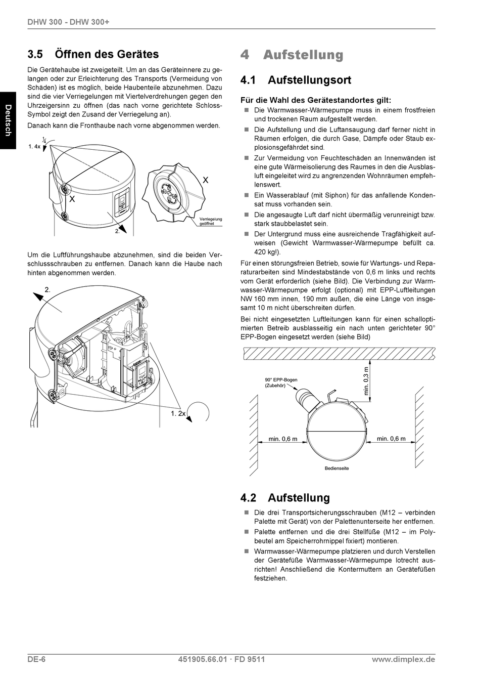 Öffnen Des Gerätes; Aufstellung; Aufstellungsort - Dimplex DHW 300 ...