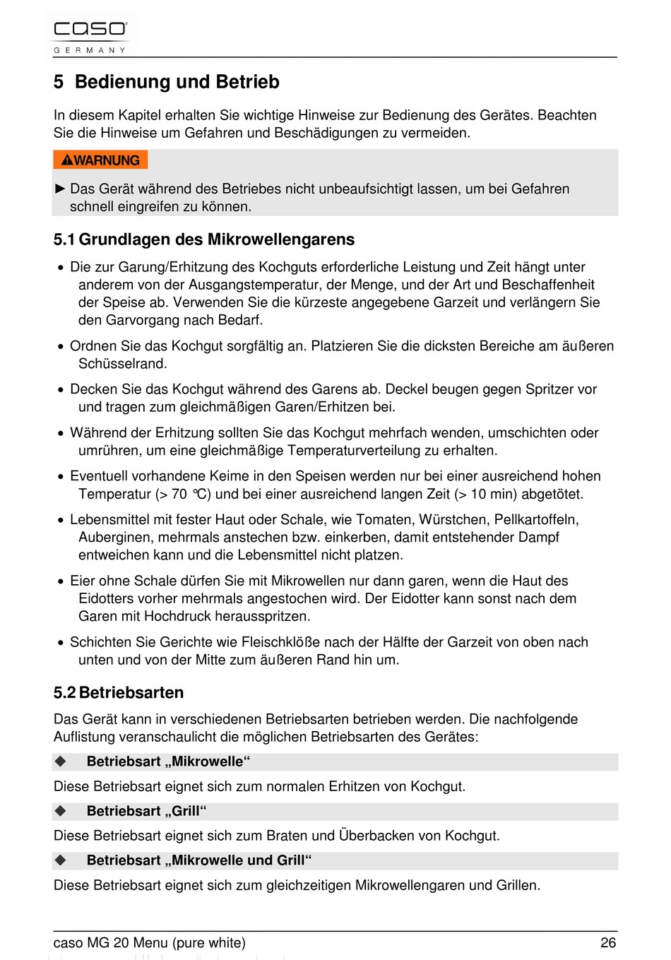 Bedienung Und Betrieb; Grundlagen Des Mikrowellengarens; Betriebsarten ...