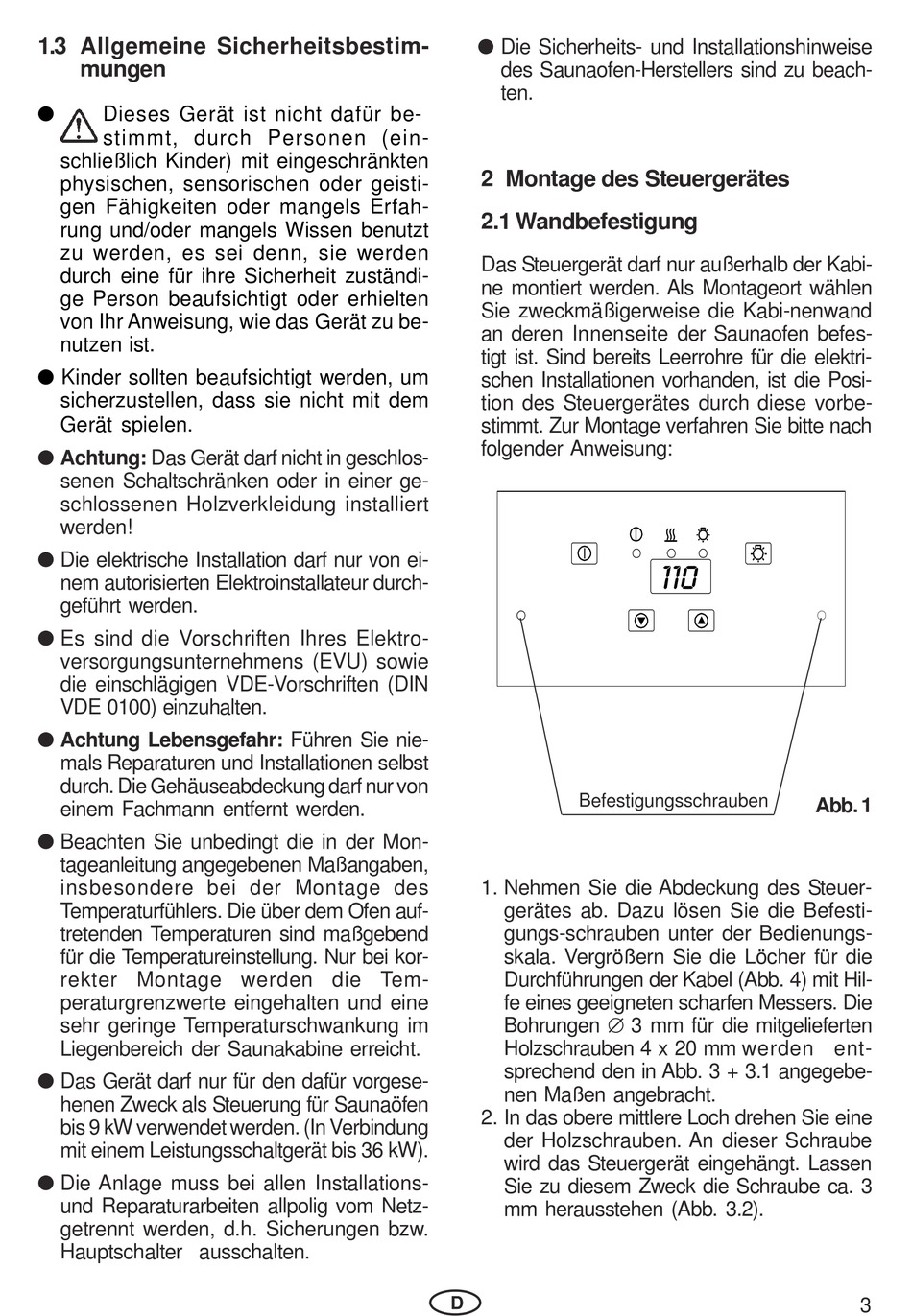 Allgemeine Sicherheitsbestimmungen; Montage Des Steuergerätes ...