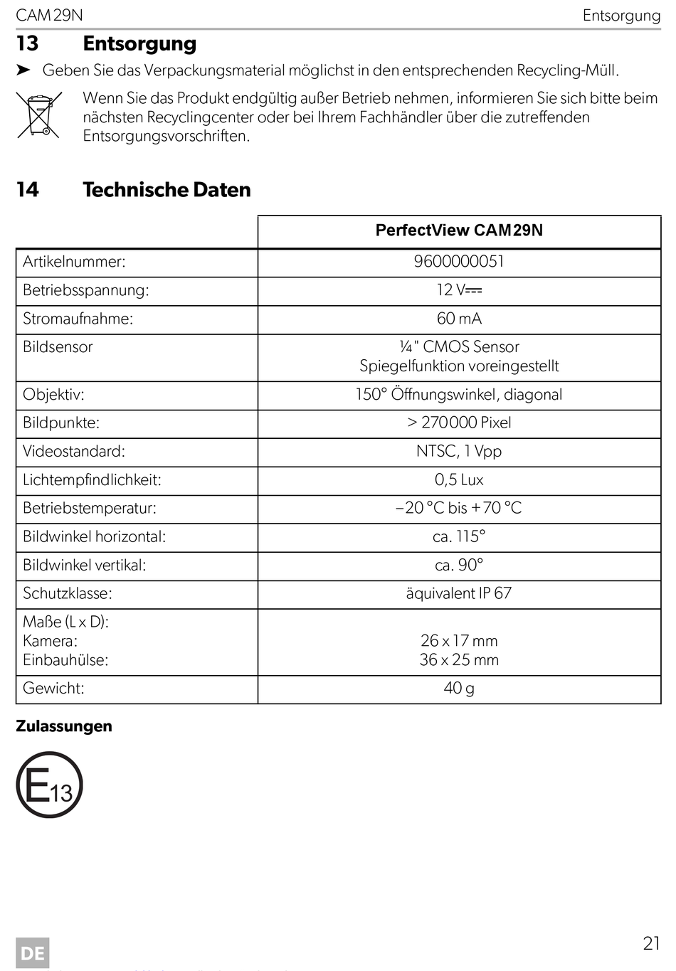 Entsorgung; Technische Daten - Dometic CAM29N Montage- Und ...