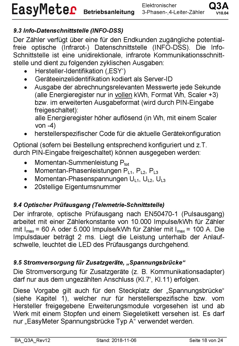 Info-Datenschnittstelle (Info-Dss); Optischer Prüfausgang (Telemetrie ...