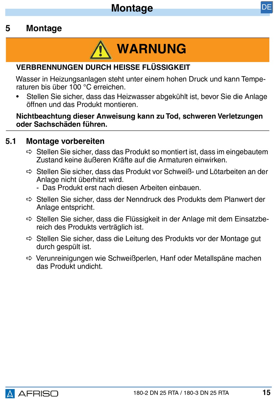 Montage; Verbrennungen Durch Heisse Flüssigkeit - AFRISO PrimoTherm 180 ...