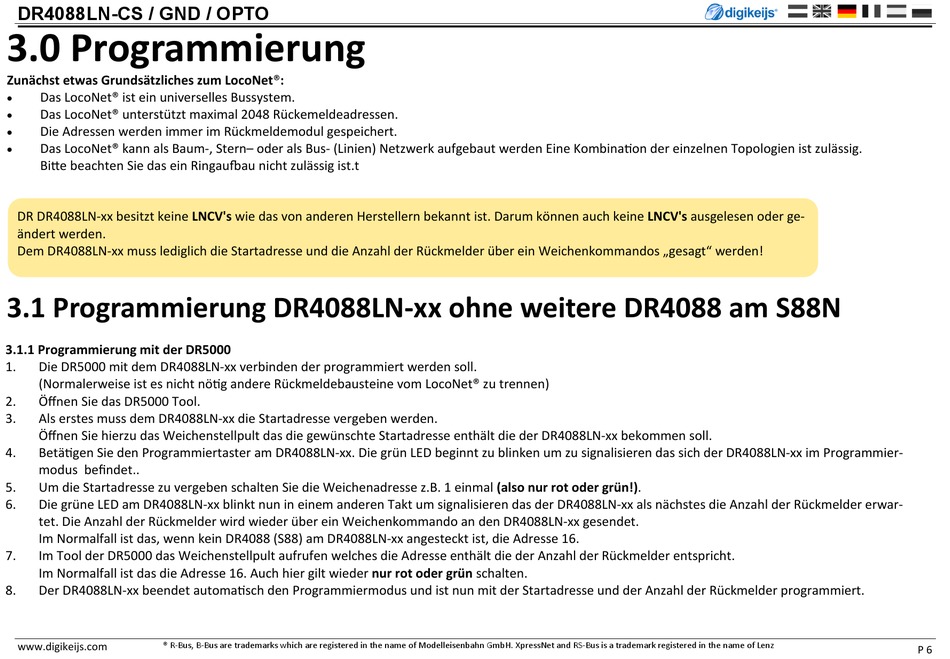 Programmierung; Anschluss Das Dr4088Ln-Xx; Programmierung Mit Der Dr5000 - Digikeijs DR 4088LN ...